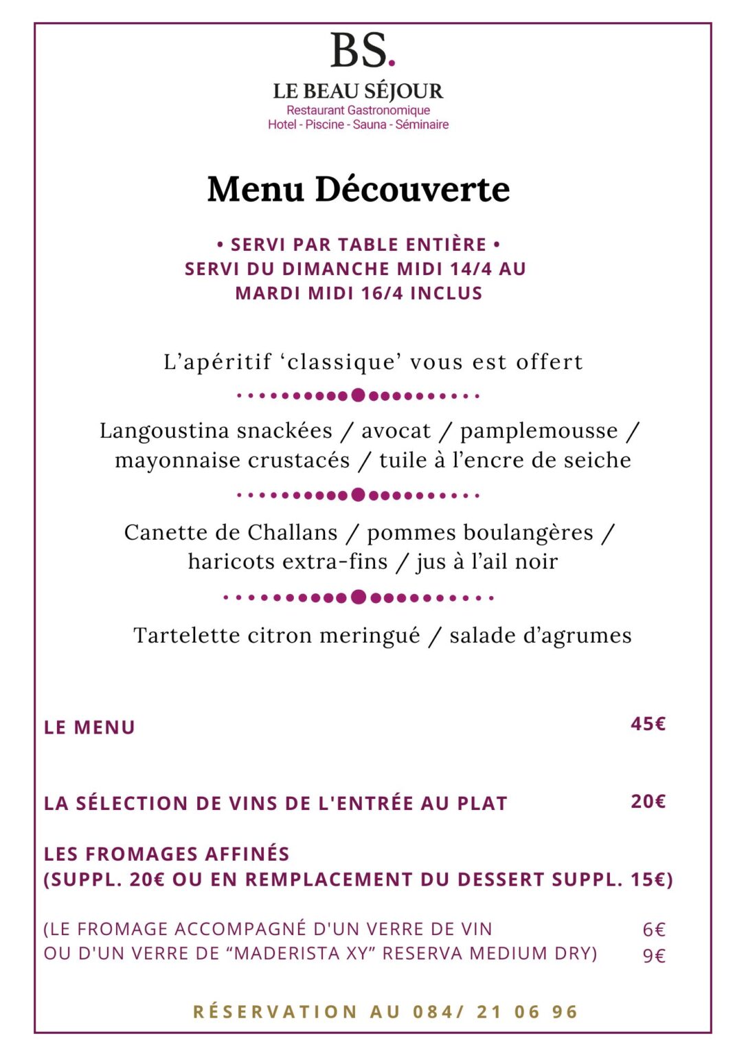 Menu Découverte – Hôtel Restaurant Beau Séjour à Nassogne